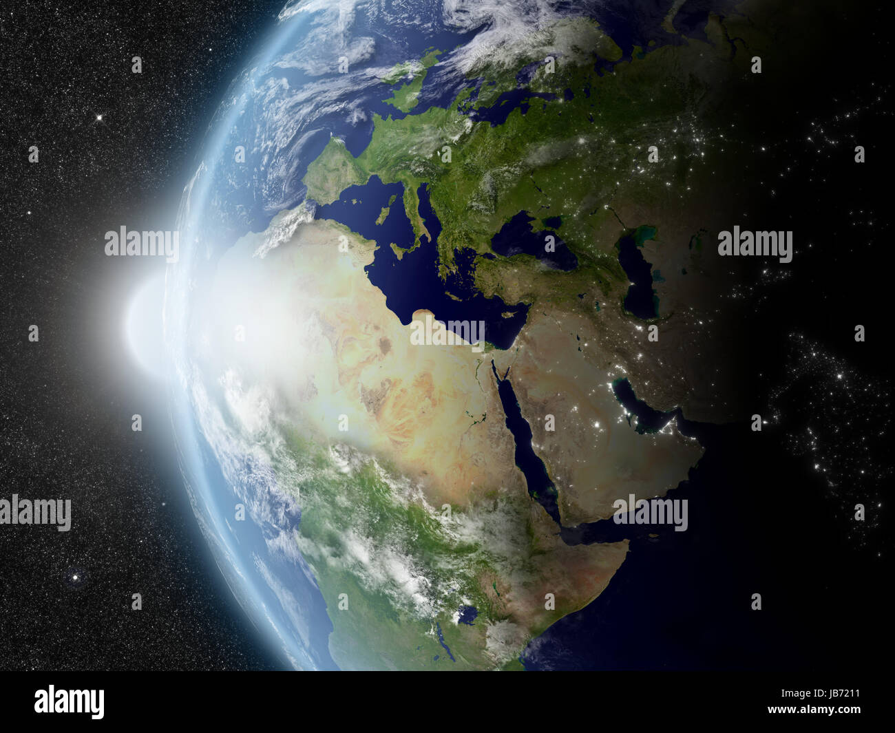Sunset over Europe, Middle East and Africa region on planet Earth ...