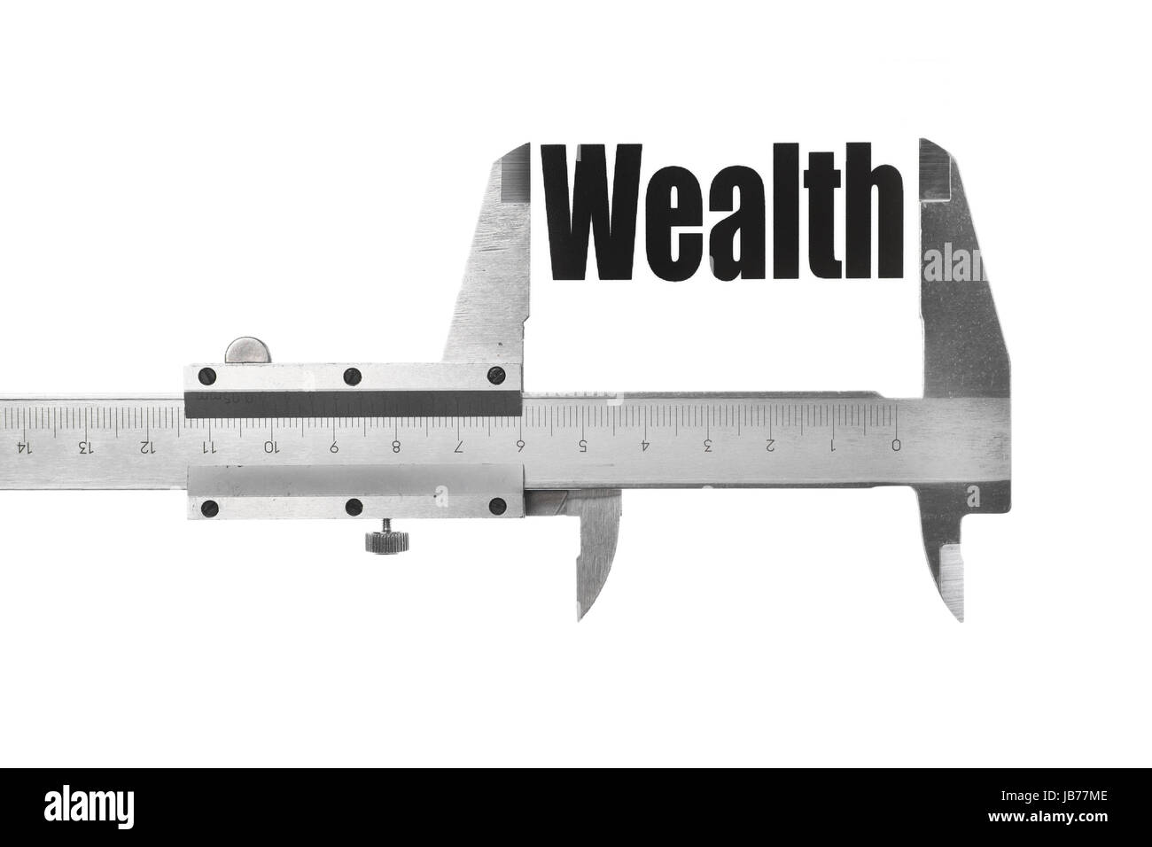 Close up shot of a caliper measuring the word "Wealth Stock Photo - Alamy