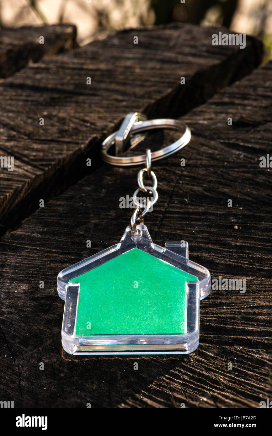 Keychain in a shape of house on wood. Green color house Stock Photo - Alamy