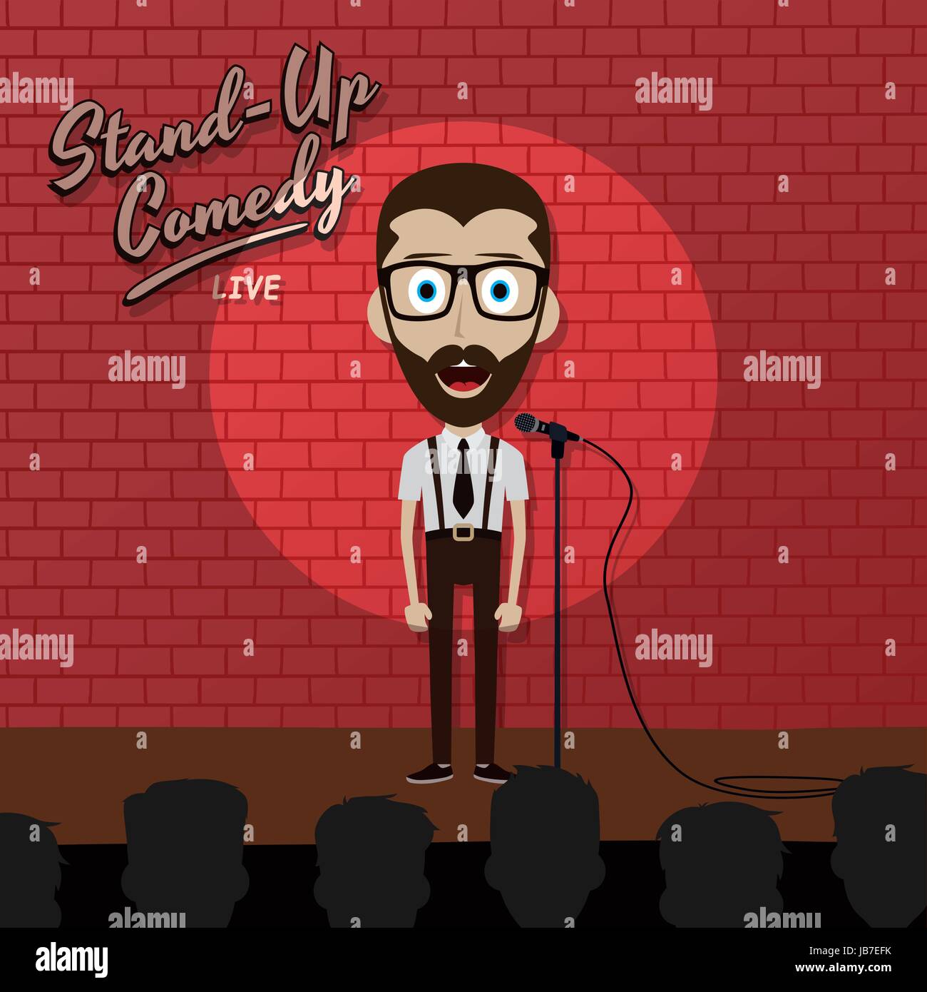 adult male stand up comedian cartoon character on red brick stage with ...