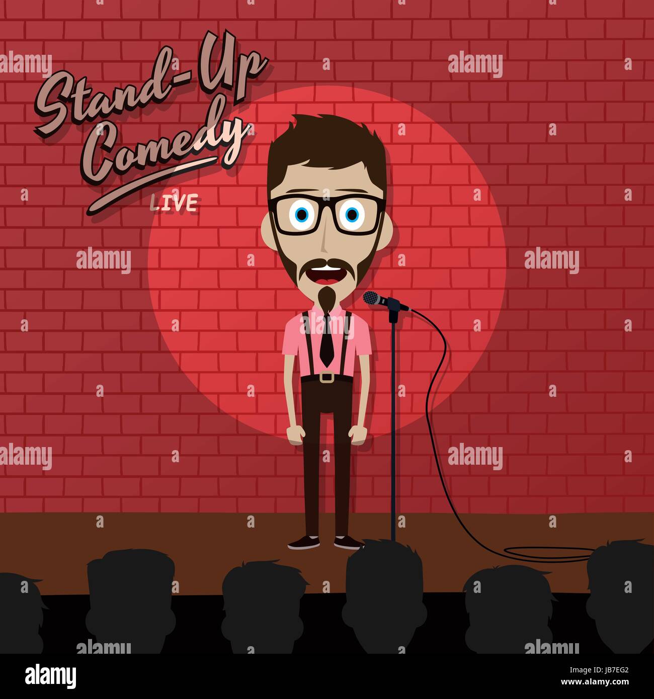 adult male stand up comedian cartoon character on red brick stage with ...