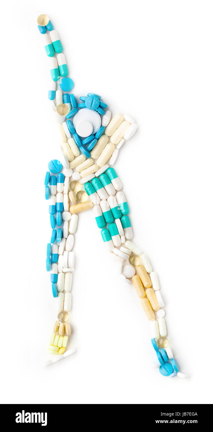 Doping drugs in the shape of a speed ice skater on an ice track running ...