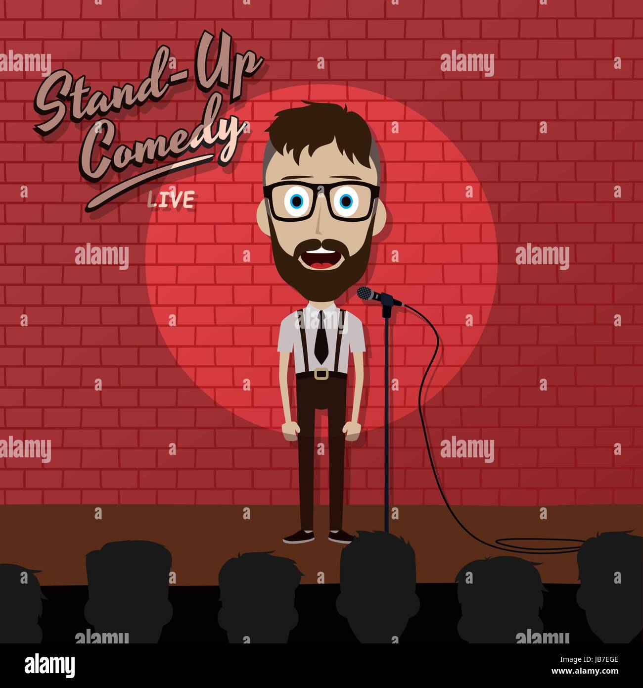 adult male stand up comedian cartoon character on red brick stage with ...