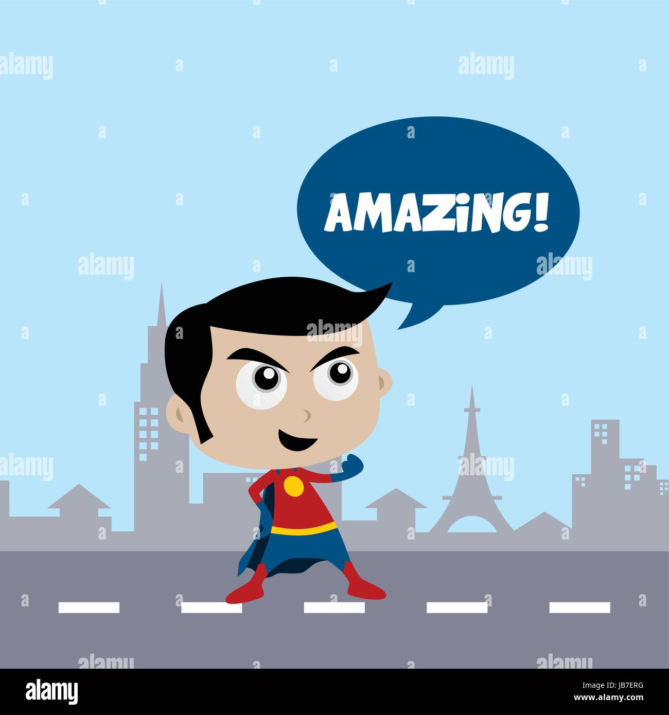 Adorable and amazing cartoon superhero in classic pose in front of city ...