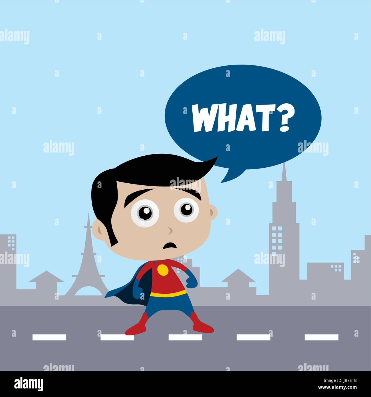 Adorable and amazing cartoon superhero in classic pose in front of city ...