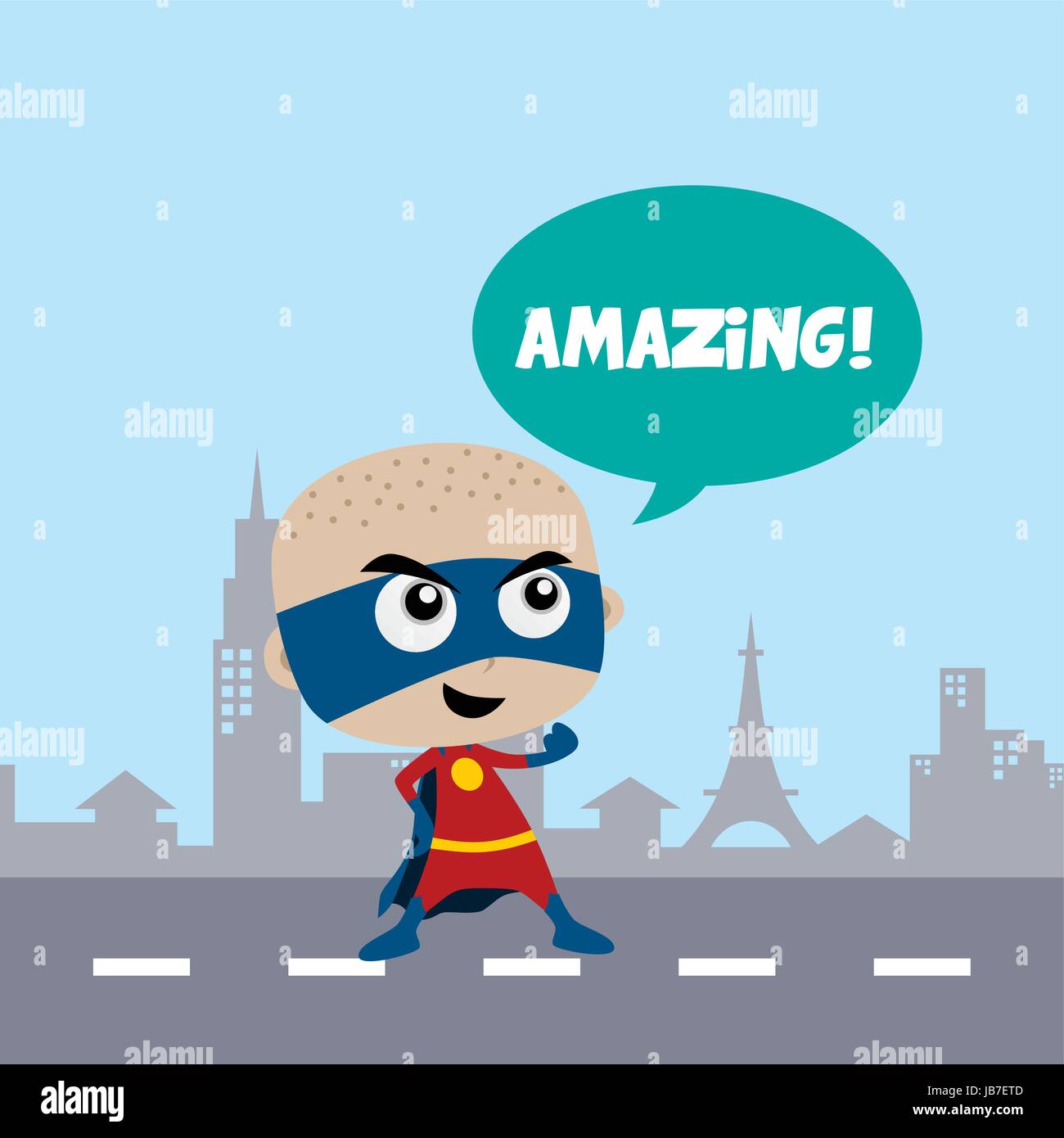Adorable and amazing cartoon superhero in classic pose in front of city ...