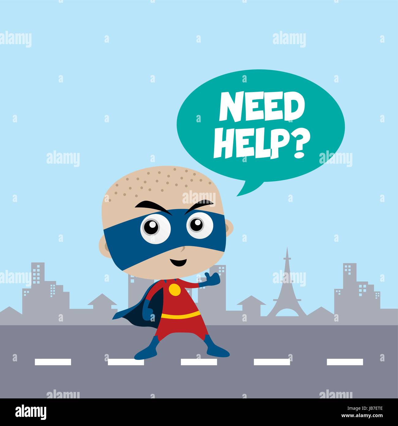 Adorable and amazing cartoon superhero in classic pose in front of city ...