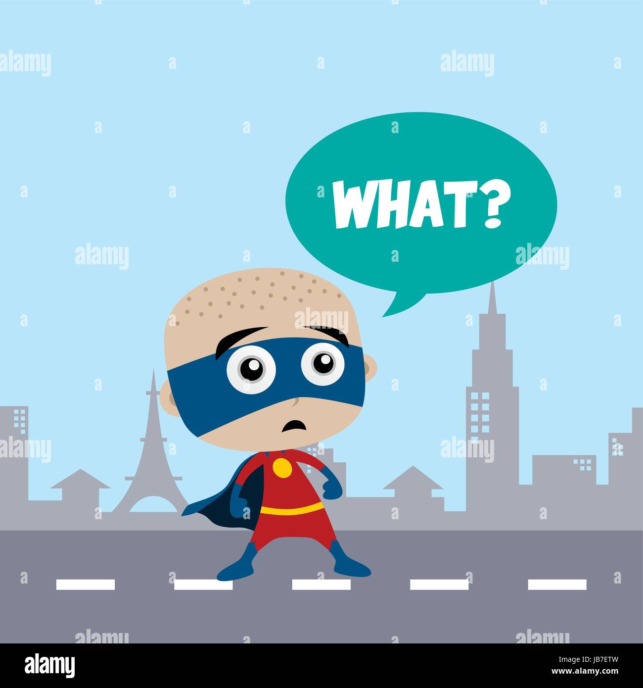 Adorable and amazing cartoon superhero in classic pose in front of city ...