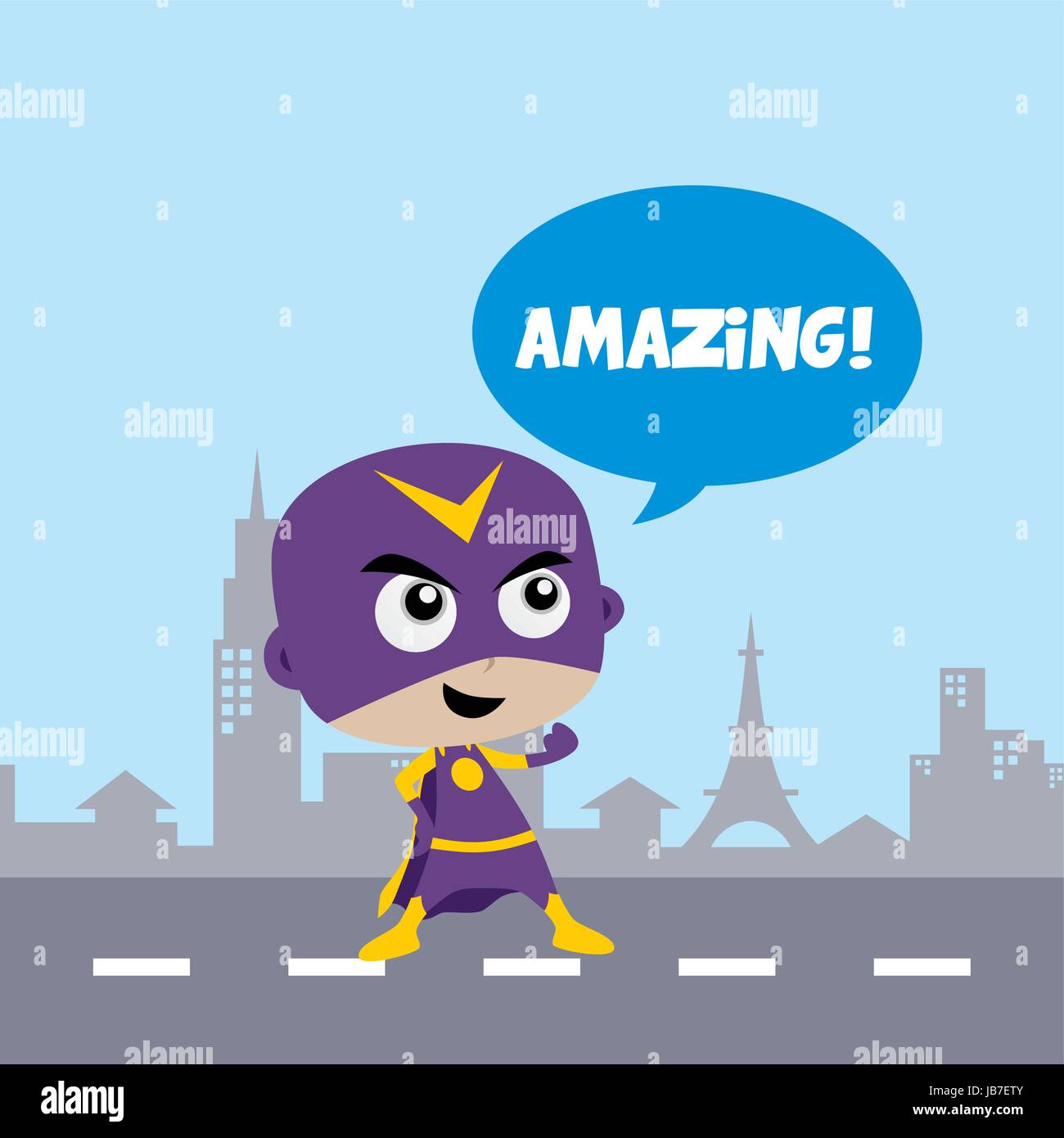 Adorable and amazing cartoon superhero in classic pose in front of city ...