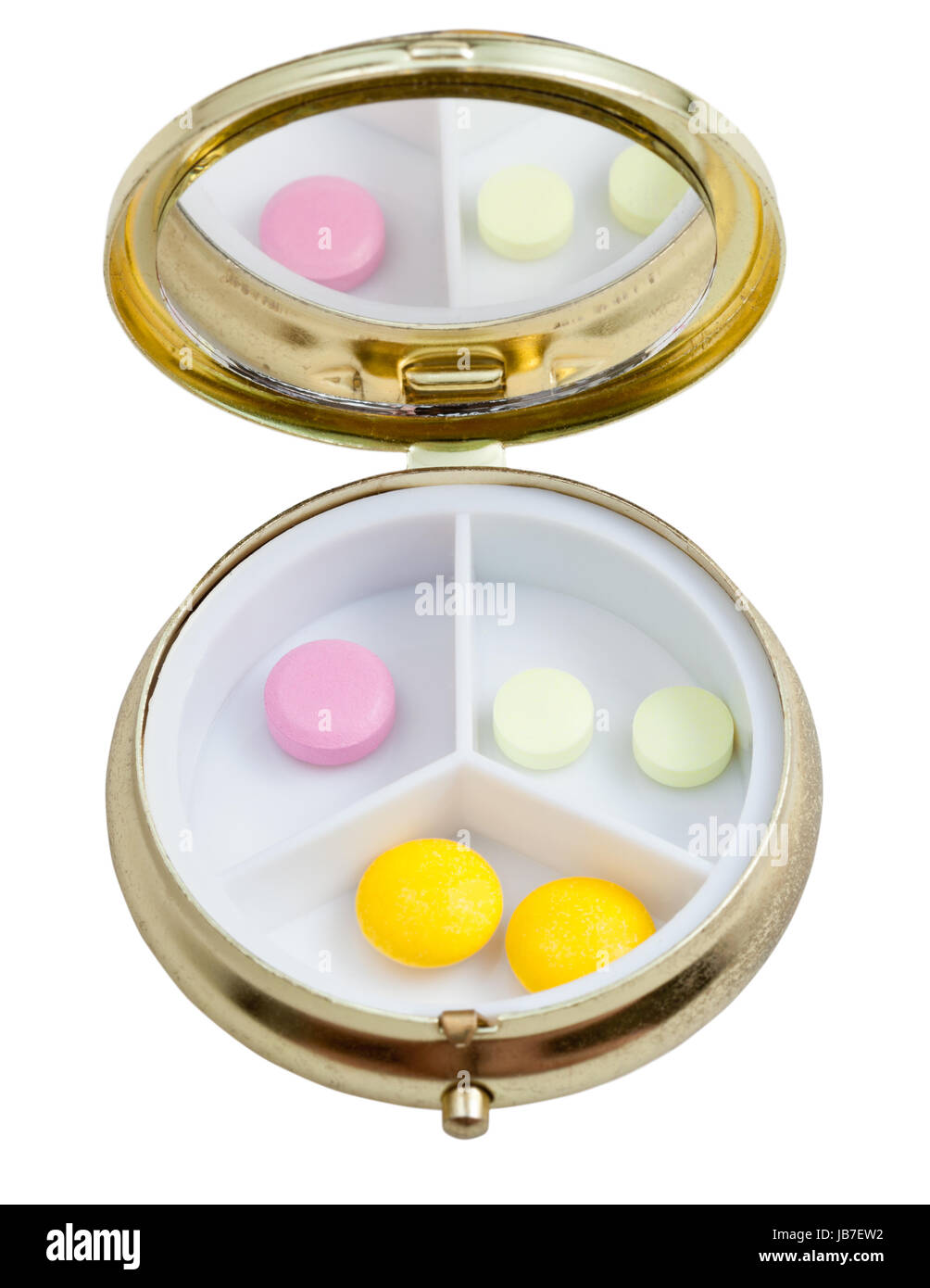 compact pill box with several tablets isolated on white background ...