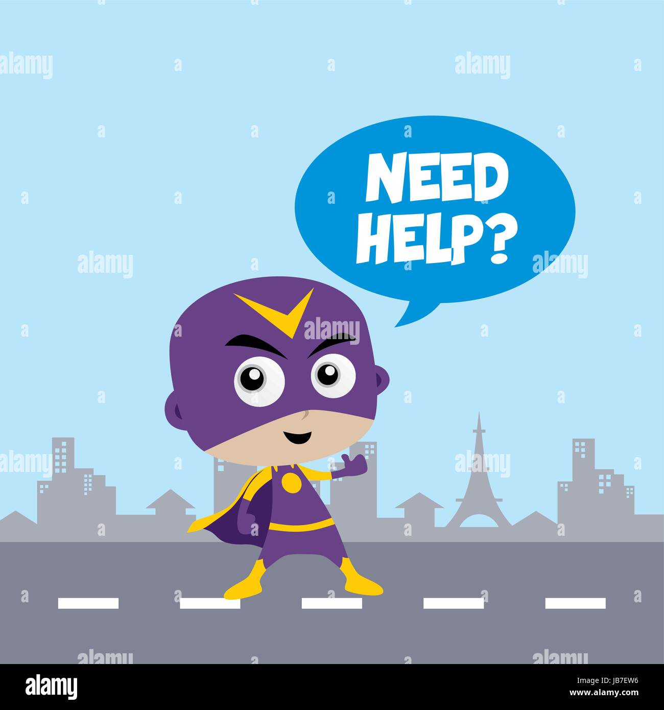 Adorable and amazing cartoon superhero in classic pose in front of city ...