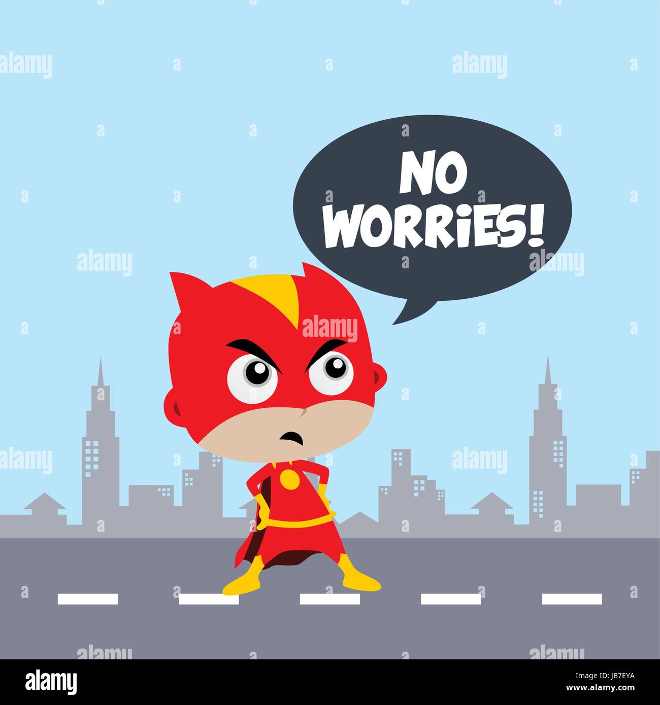 Adorable and amazing cartoon superhero in classic pose in front of city ...