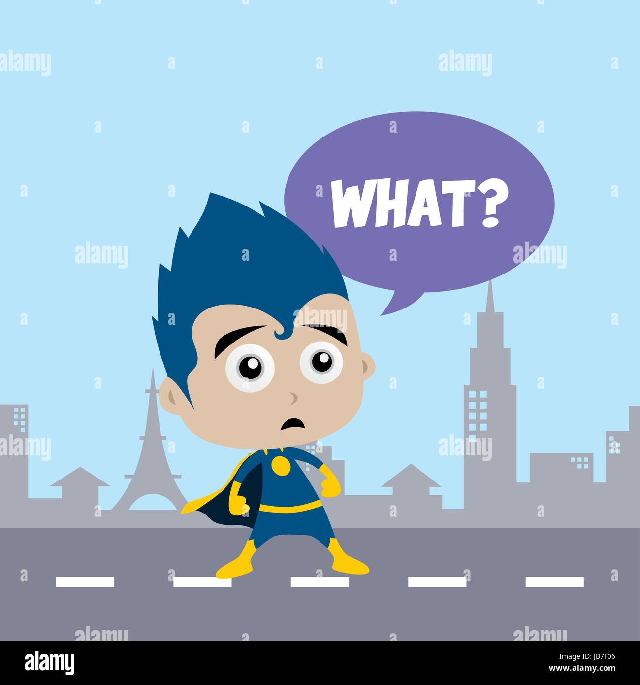 Adorable and amazing cartoon superhero in classic pose in front of city ...