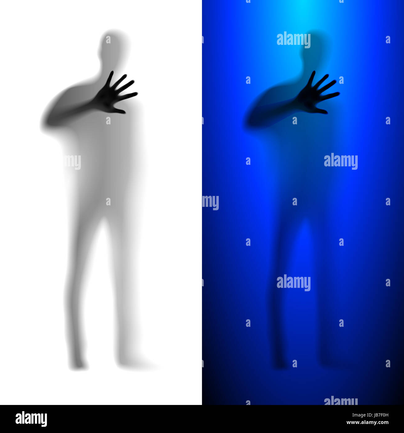 Blur male silhouette asking for help. White and blue variations Stock ...
