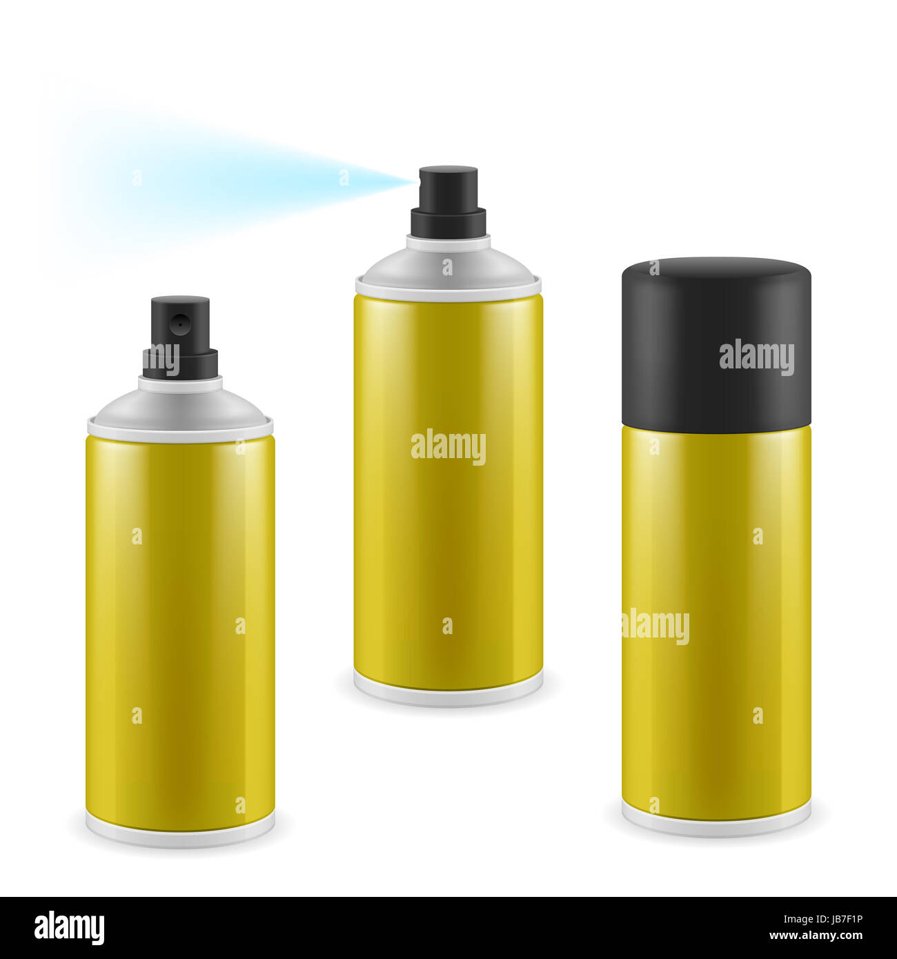 Two opened and one closed golden spray cans on white background Stock ...