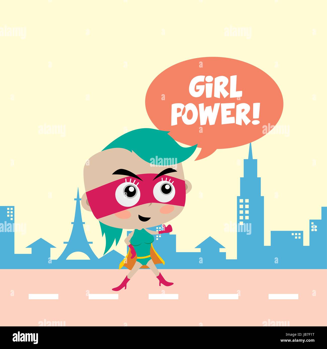 Adorable and amazing cartoon superhero in classic pose in front of city ...