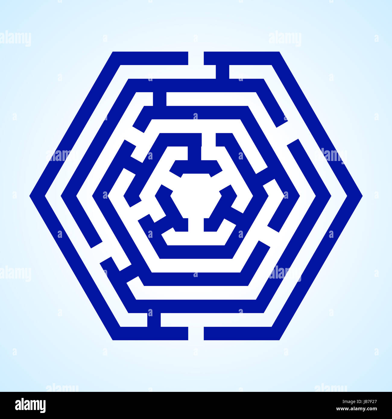 Illustration of blue labyrinth in hexagon shape on light blue ...