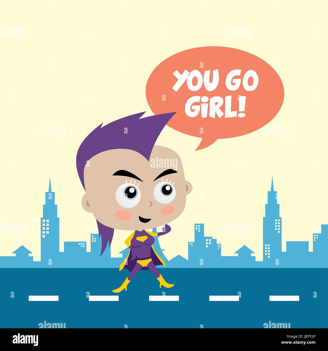 Adorable and amazing cartoon superhero in classic pose in front of city ...