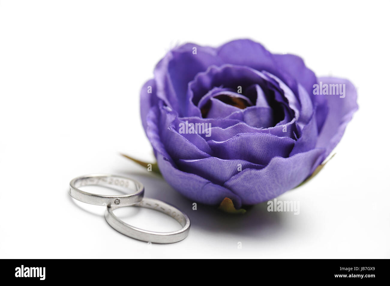 wedding rings with violet flower, on white background Stock Photo - Alamy