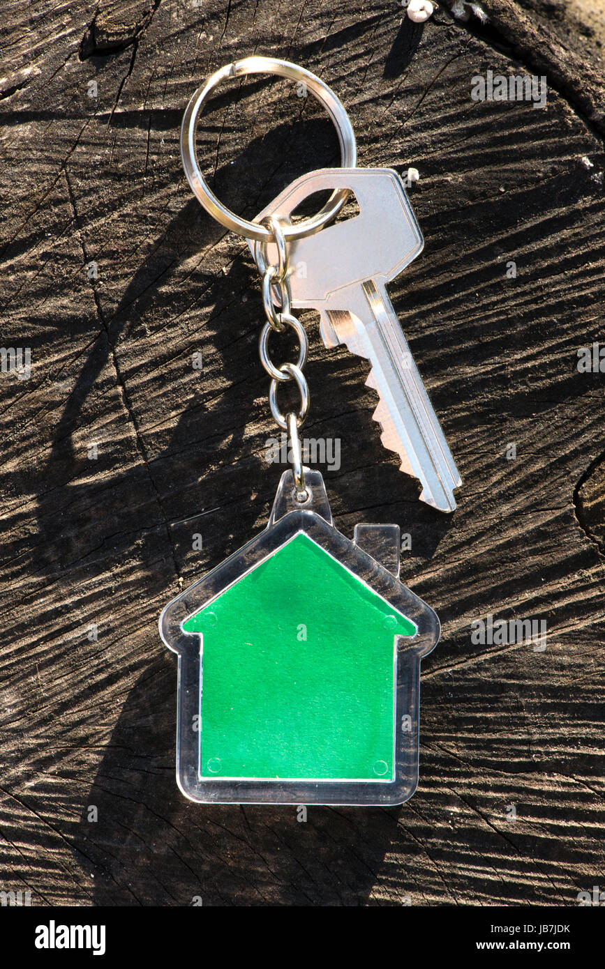 Keychain in a shape of house on wood. Green color house Stock Photo - Alamy
