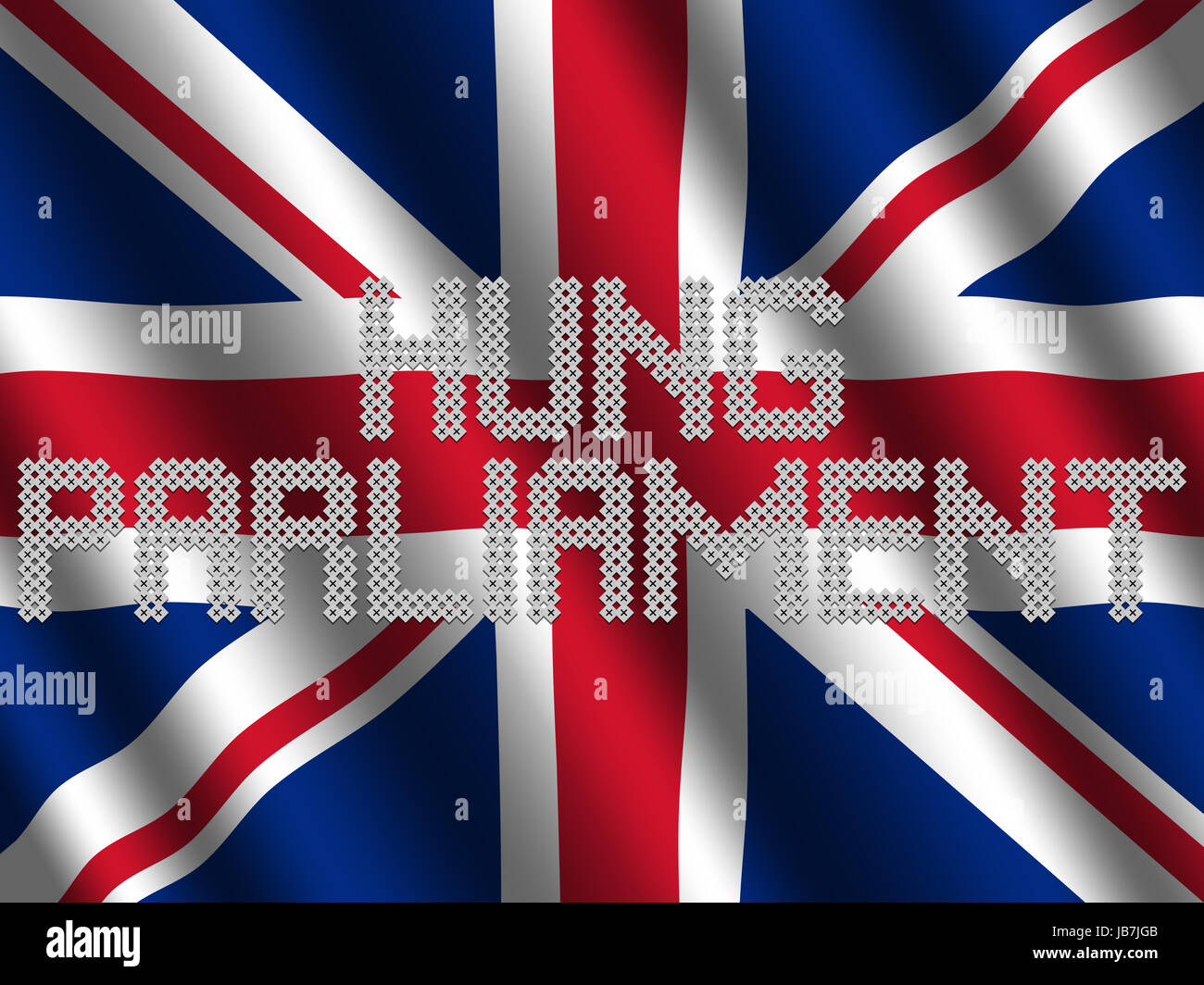 Hung Parliament text of votes on rippled British flag illustration ...