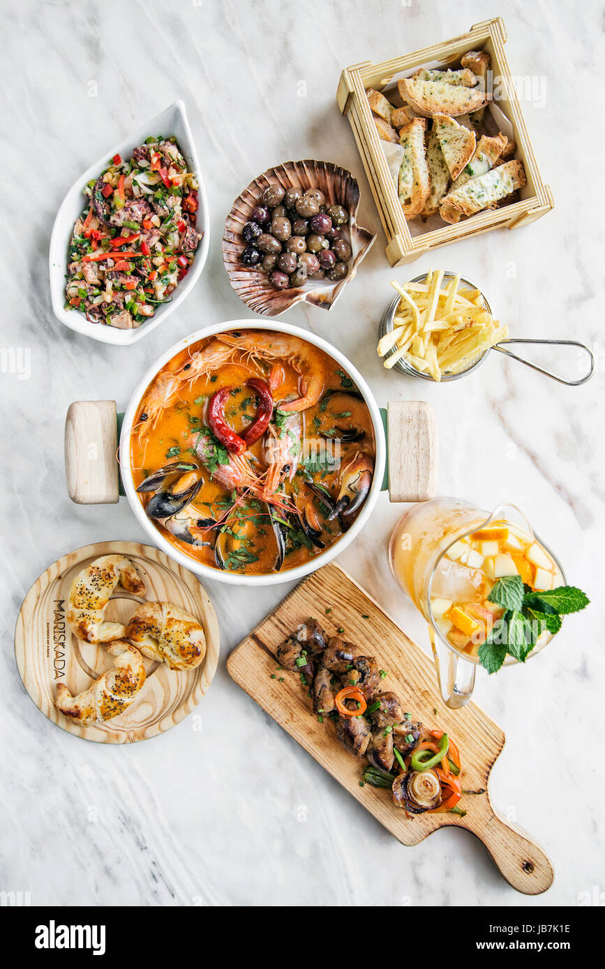 mixed fresh seafood selection gourmet set meal on table Stock Photo - Alamy