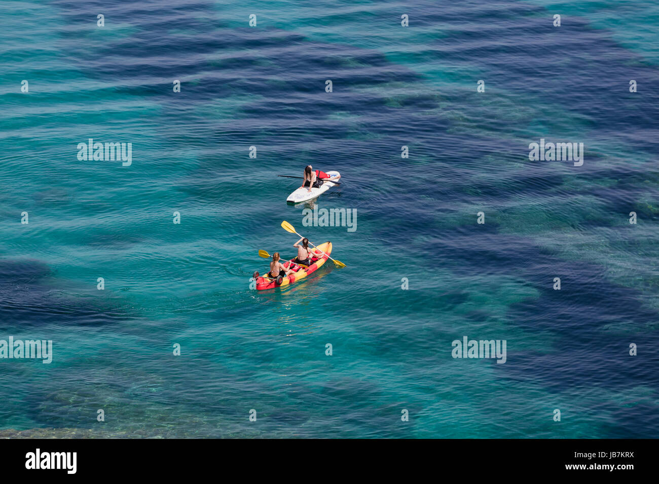 People on a kayak aerial view, people on vacation doing kayak activity ...