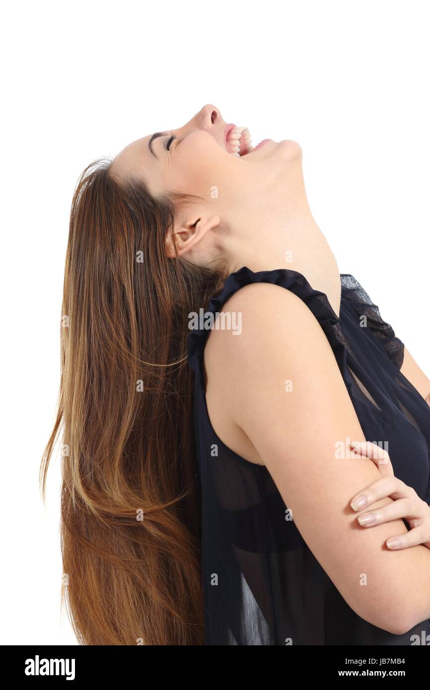 Funny happy woman laughing hilarious isolated on a white background ...