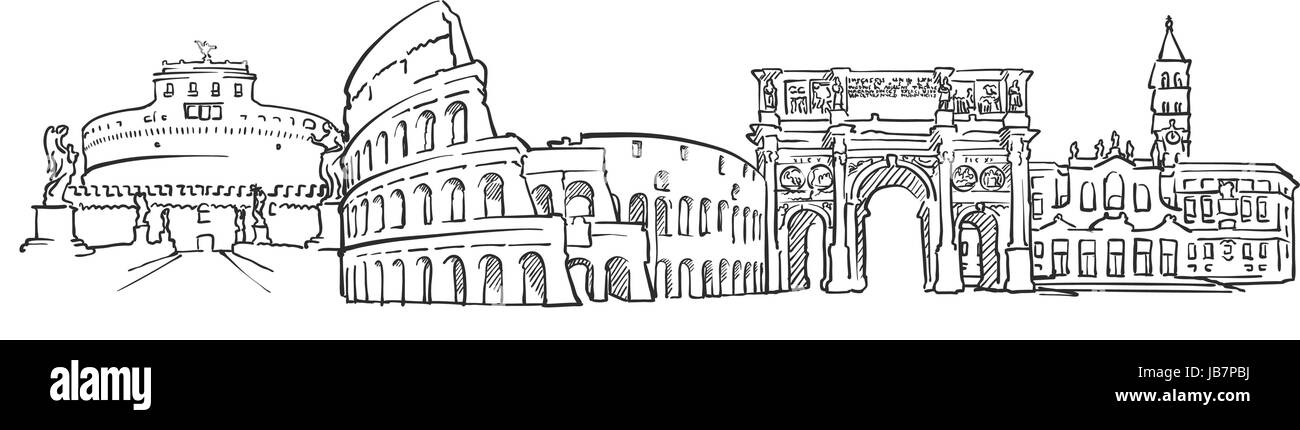 Rome Italy Panorama Sketch, Monochrome Urban Cityscape Vector Artprint ...