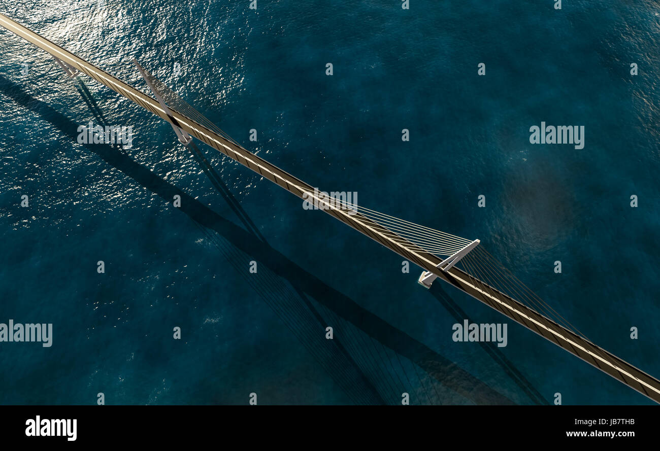 3d rendering of modern suspension bridge on blue ocean top view Stock ...