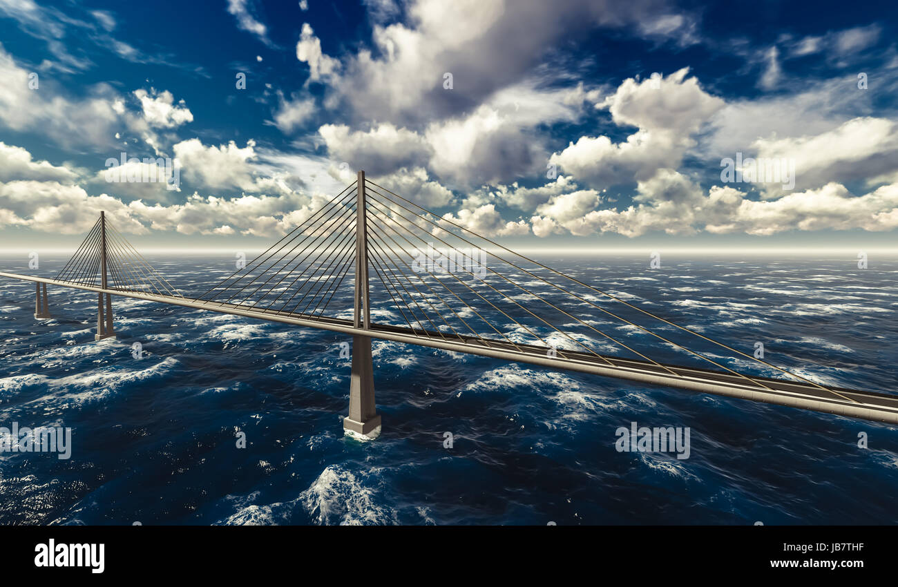 3d rendering of modern suspension bridge on stormy ocean Stock Photo ...