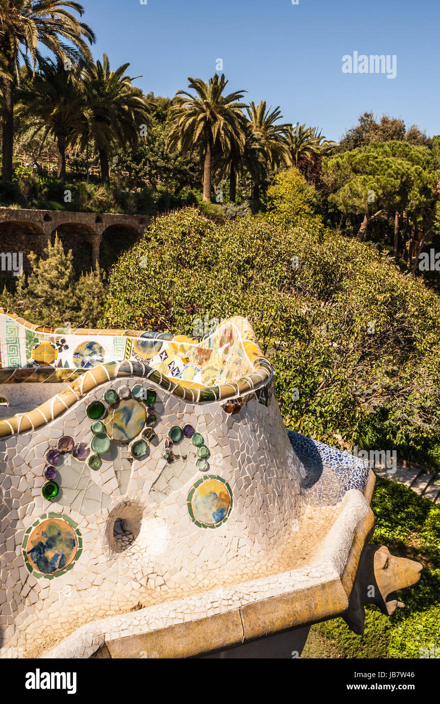Barcelona Park Guell of Gaudi tiles mosaic serpentine bench modernism ...