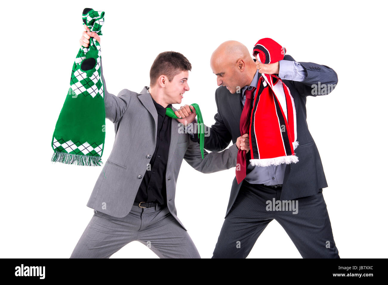 Businessman supporting different teams, fighting isolated in white ...