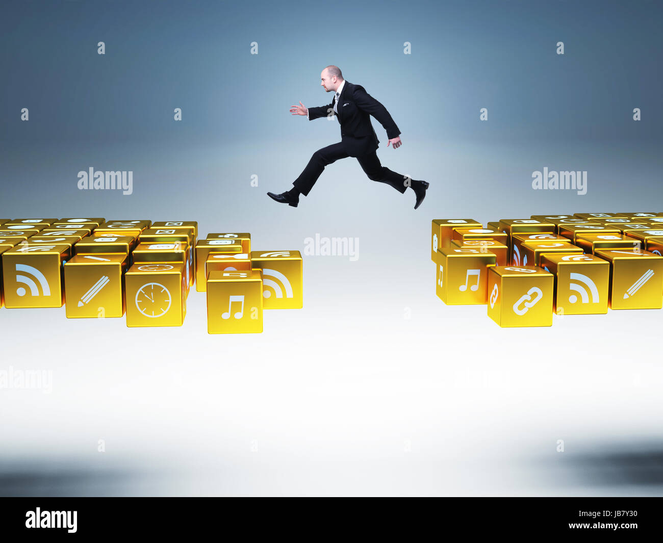 businessman man jump over icons bridge Stock Photo - Alamy
