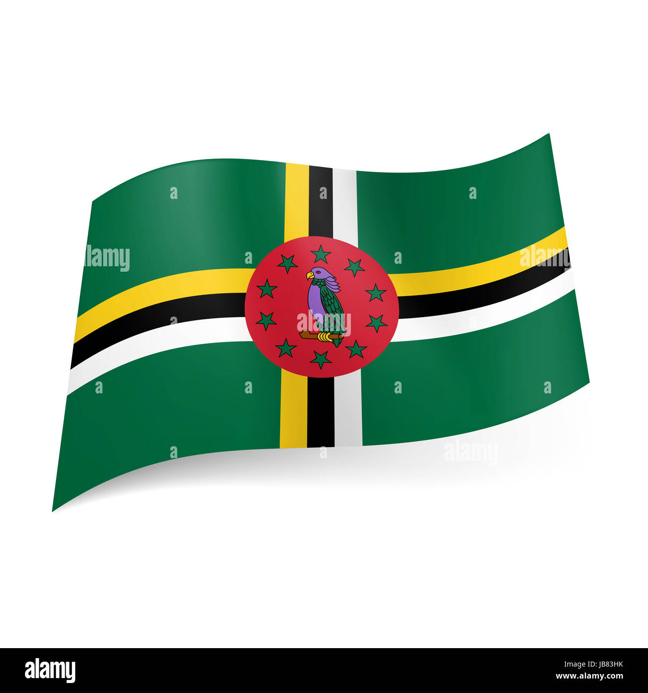 National flag of Dominica: cross of tricolor bands of yellow, white and ...
