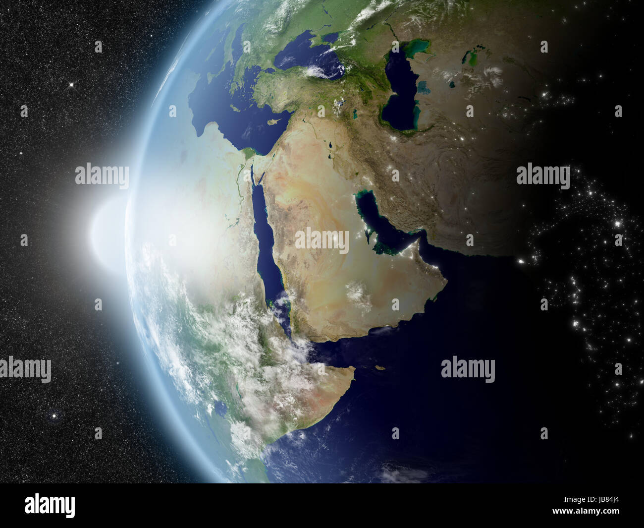 Sunset over Middle East region on planet Earth viewed from space with ...