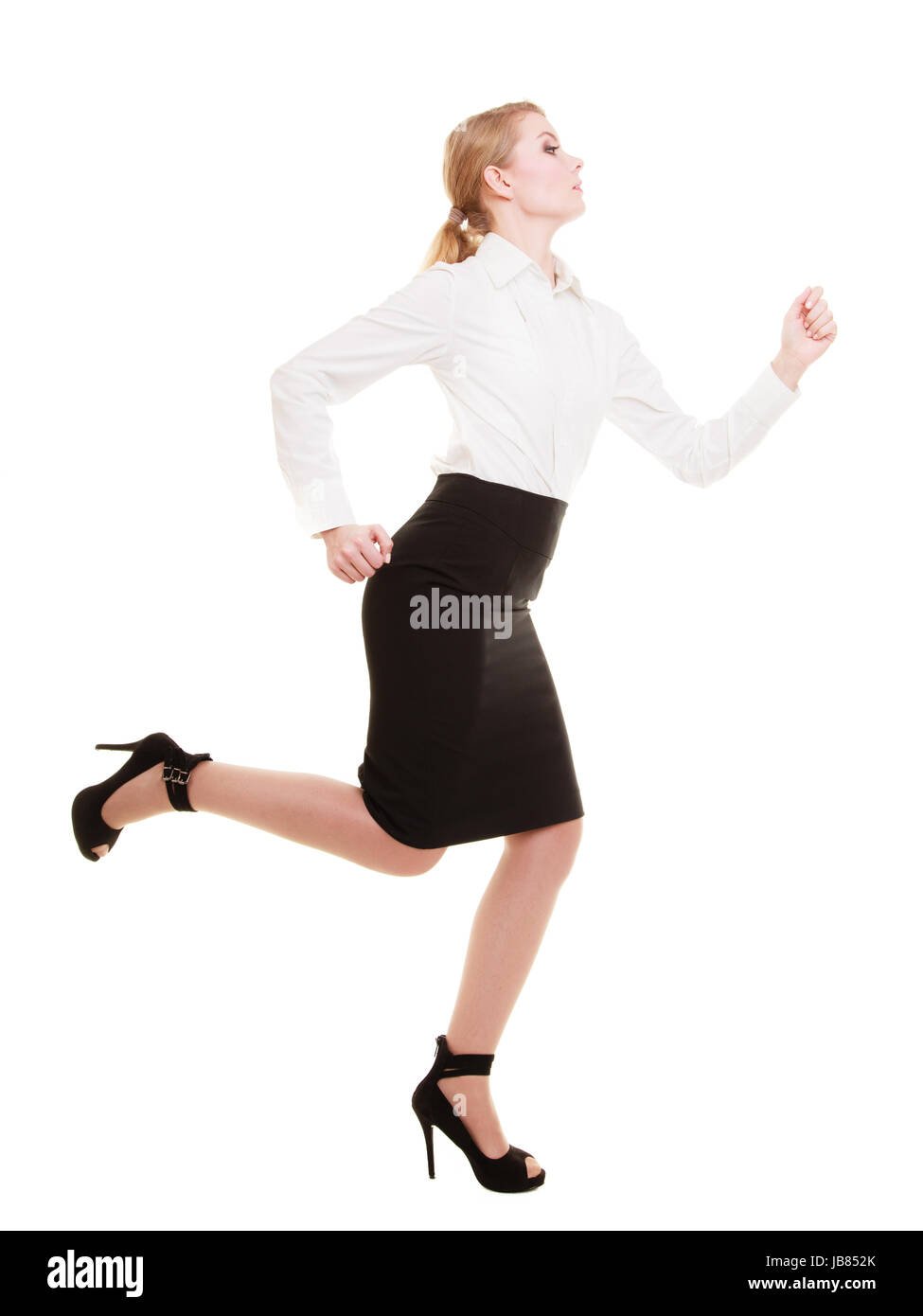 Business concept. Woman running in full body isolated on white ...