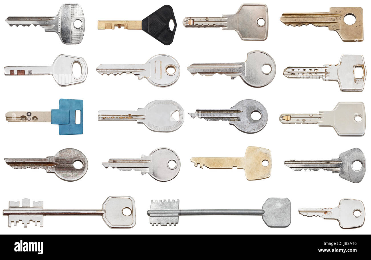 set of different door keys isolated on white background Stock Photo - Alamy
