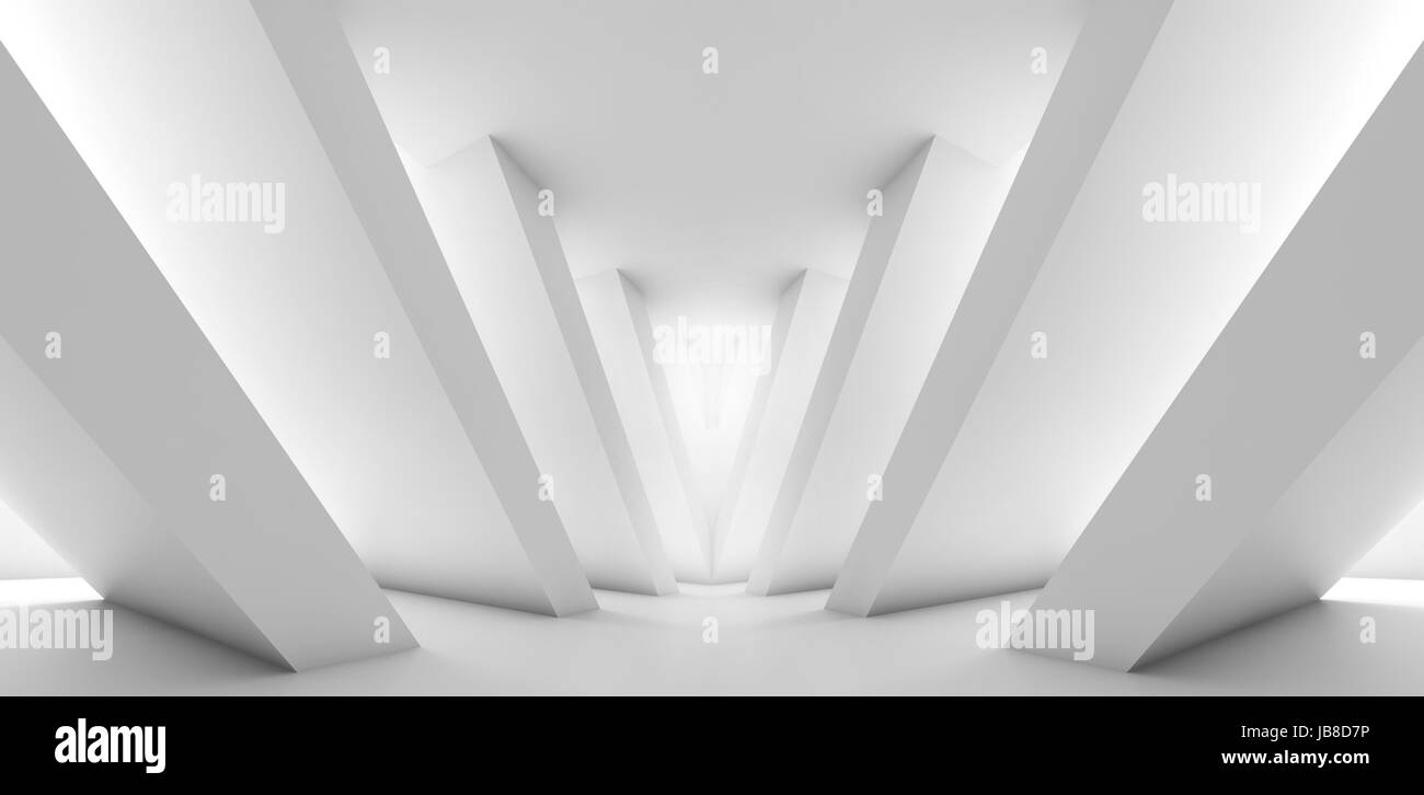 Abstract empty corridor with diagonal columns in a row, blank white ...