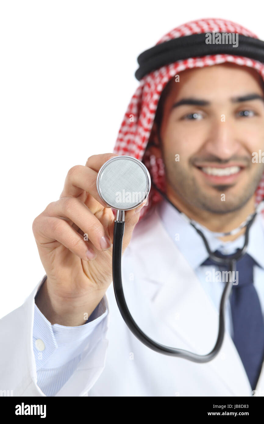 Arab saudi emirates doctor man using a stethoscope to the camera ...
