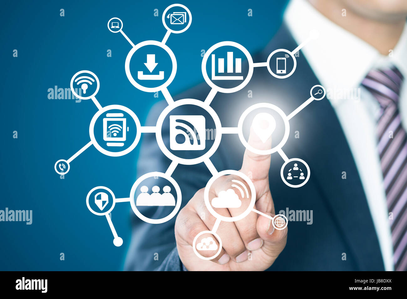1 Business man Digital Screen Touching Button Software Stock Photo - Alamy