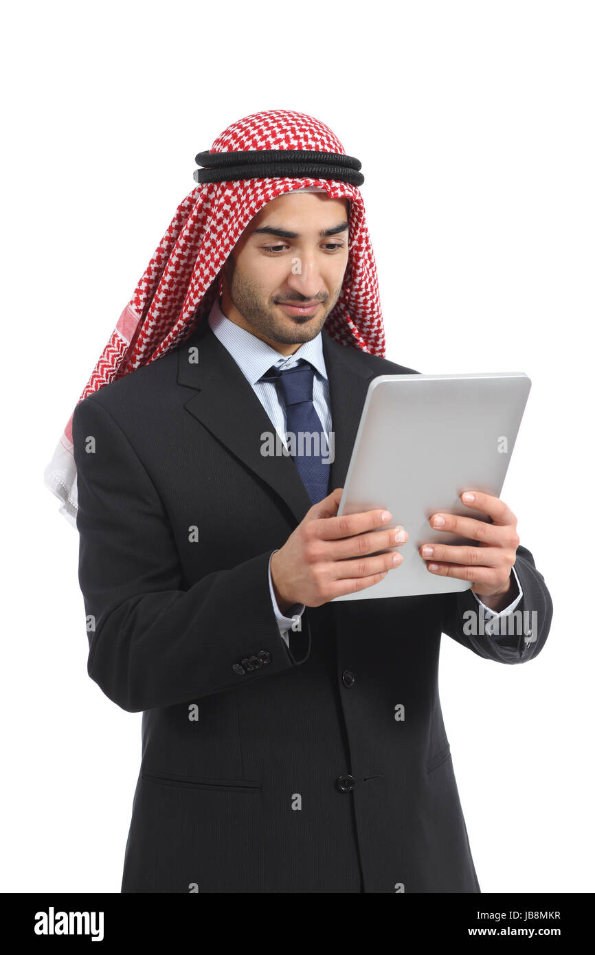 Arab saudi emirates business man using a tablet reader isolated on a ...