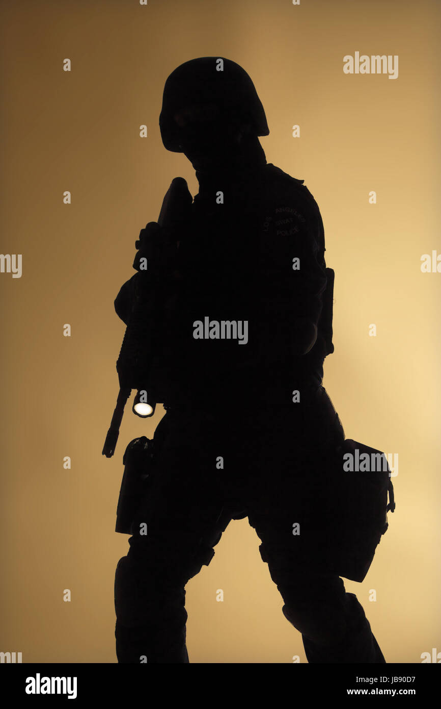 Special weapons and tactics team (SWAT) officer silouette in the fog ...
