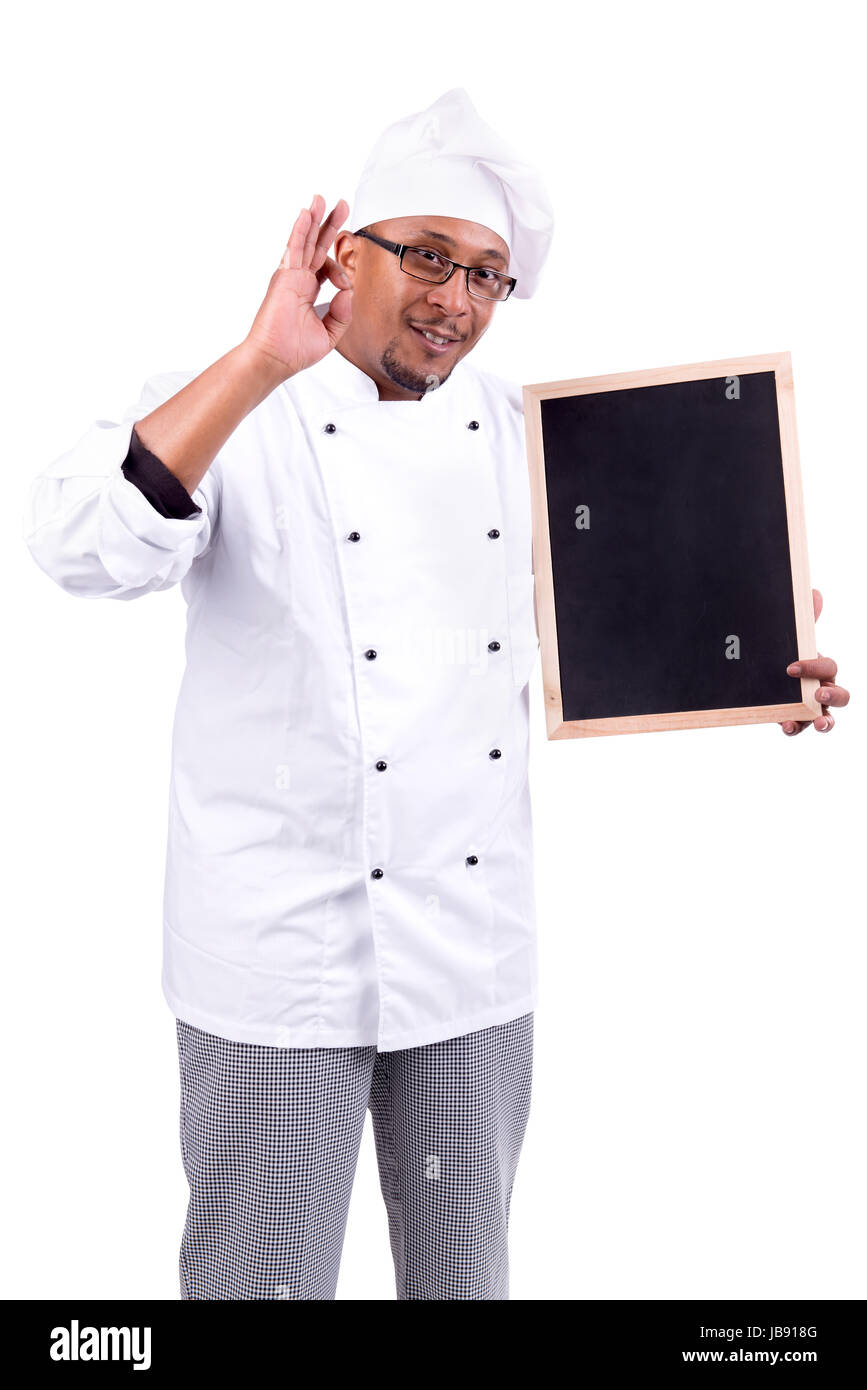 Male chef with menu board isolated in white Stock Photo - Alamy