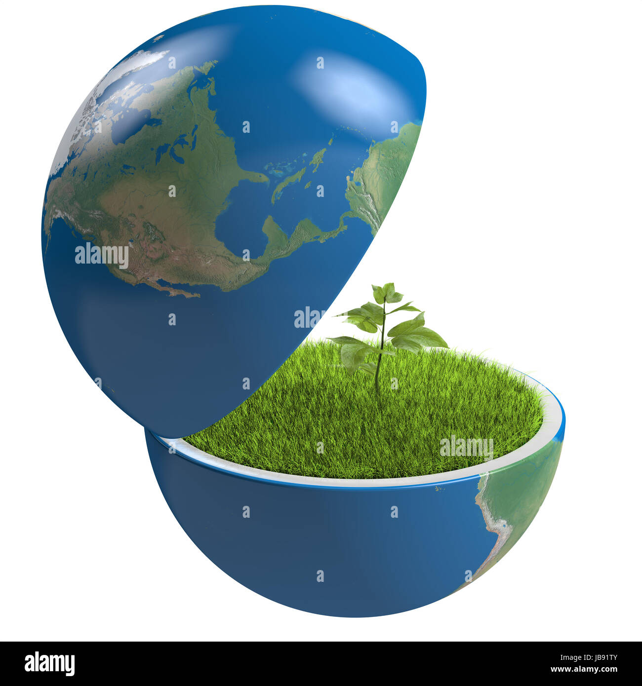 Small plant growing inside opened planet Earth, isolated on white ...
