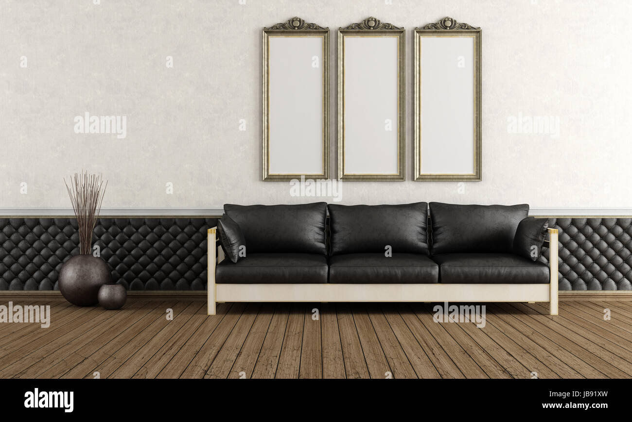 Black leather sofa in a vintage living room - rendering Stock Photo - Alamy