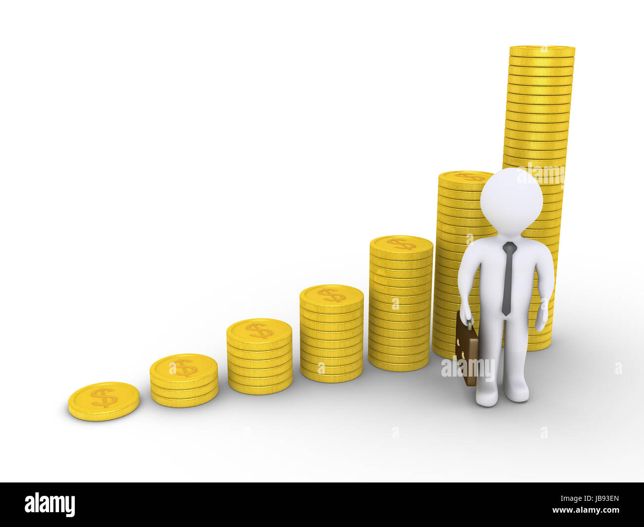 3d graphic chart of dollar coins and a businessman near them Stock ...