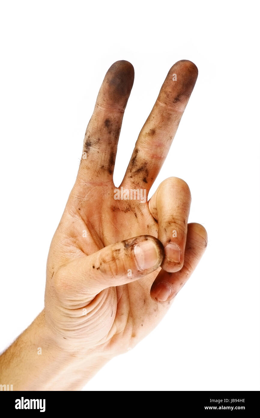 Color picture of a dirty hand showing the victory sign Stock Photo - Alamy