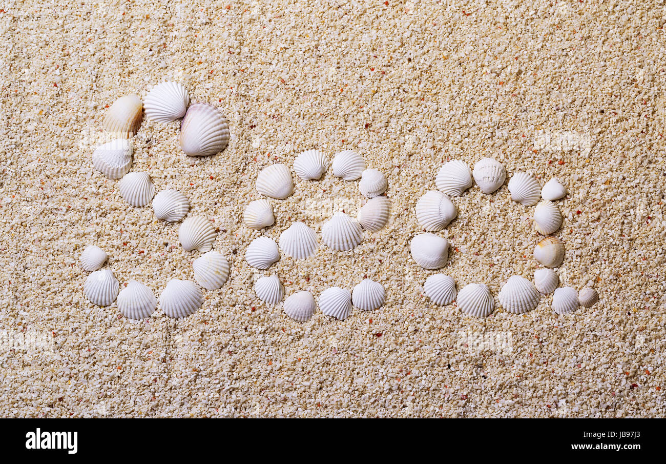 Title "Sea" from shells with coral sand as background Stock Photo - Alamy