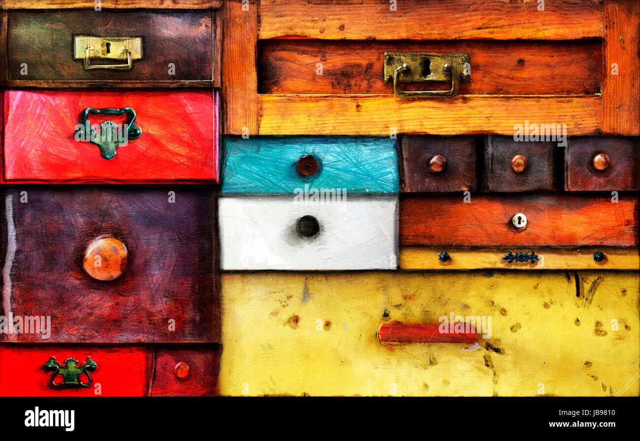 Abstract image of the various old drawers - chest of drawers - in utter ...